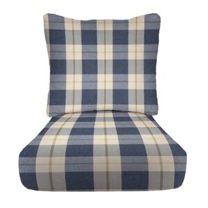 RSH DECOR: Deep Seating Cushion with Pillow Back | 24” x 27” Seat | All-Weather Spun Fabric | Water and Fade-Resistant | Outdoor Chair Cushion Set for Patio Furniture | Branson Lapis Plaid