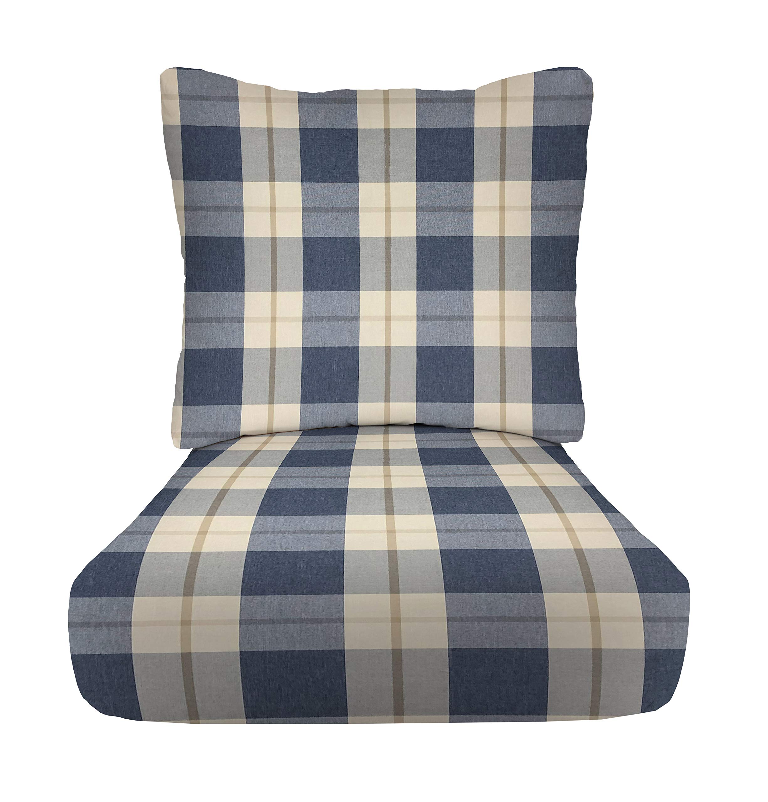 RSH DECOR: Deep Seating Cushion with Pillow Back | 24” x 27” Seat | All-Weather Spun Fabric | Water and Fade-Resistant | Outdoor Chair Cushion Set for Patio Furniture | Branson Lapis Plaid