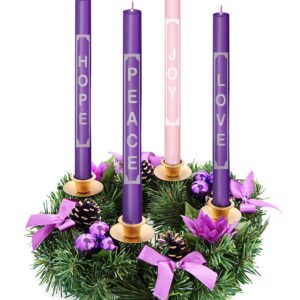 Advent Candles with Words Love, Peace, Hope, Joy On The Candles - Christmas Advent Candle Set of 4 for Advent Rings and Advent Wreaths- Premium Hand Made - Self Fitting End - for Church Advent Wreath