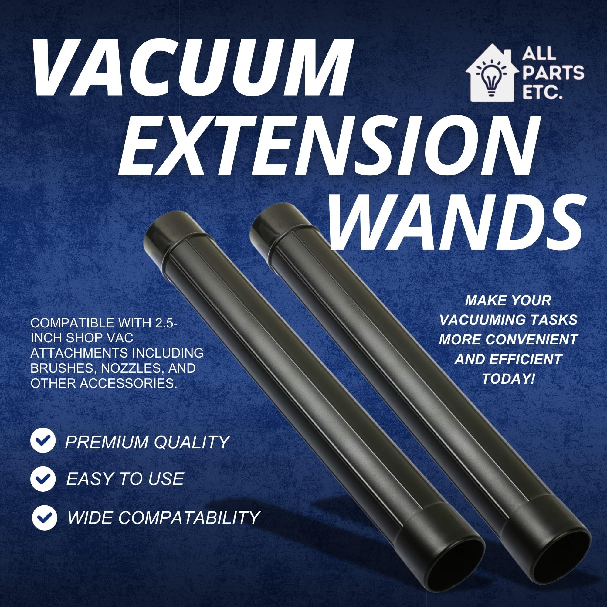 ALL PARTS ETC. 2.5 Inch Vacuum Extension Wands for Shop Vac, Rigid, Vacmaster, Workshop & More | 2-Pack Wet or Dry Vacuum Hose Extension, Compatible with 2 1/2" Shop Vac Attachments