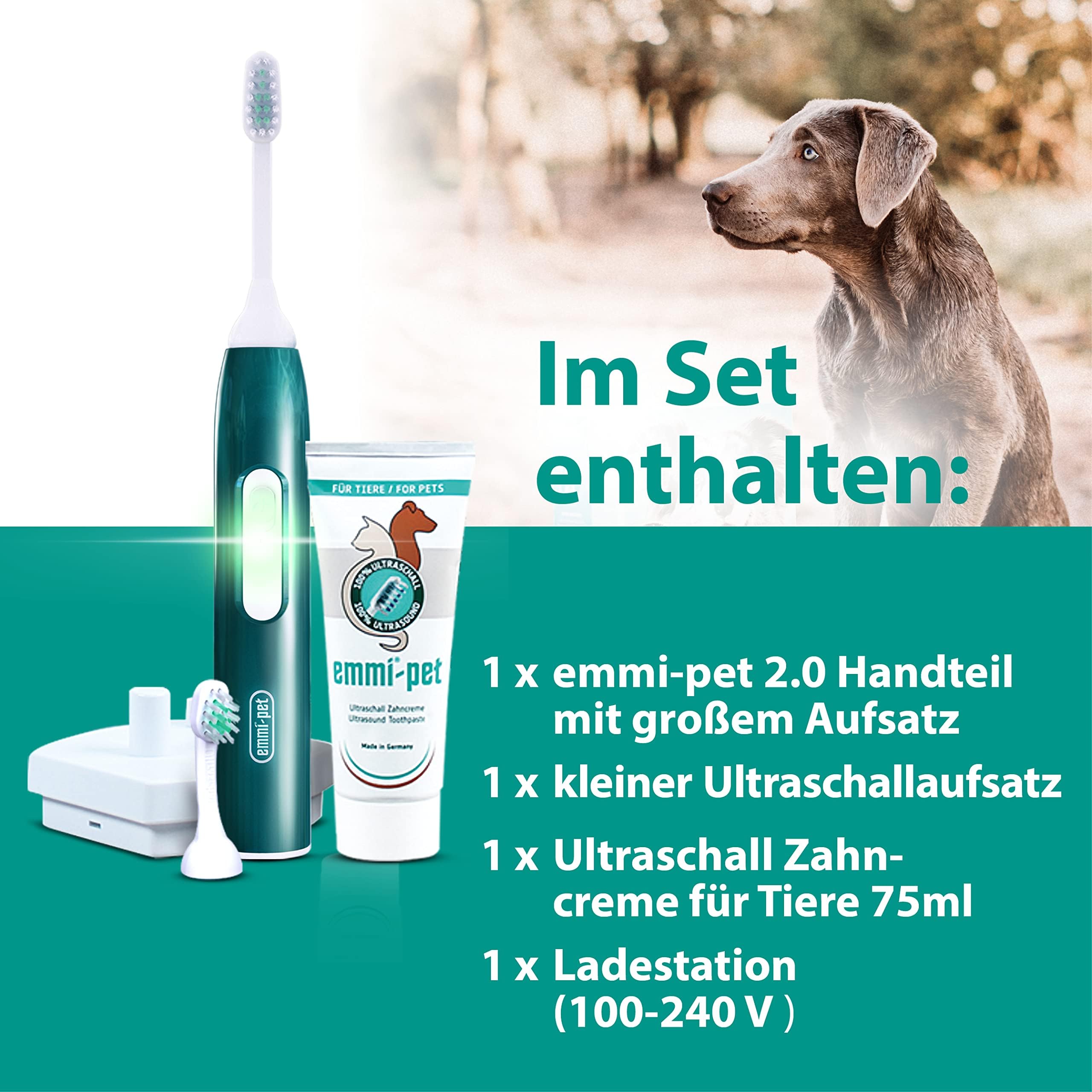 Emmi-pet Electric Toothbrush Set 2.0 for Pets. Healthier Teeth & Gums and Fresher Breath. Patented ultrasonic Technology Cleans Completely Silent, no Vibration and no Brushing. Rechargeable