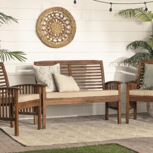 Walker Edison AZOWCHAT3PCDB 3-Piece Acacia Solid Wood Outdoor Patio Conversation Set, Dark Brown