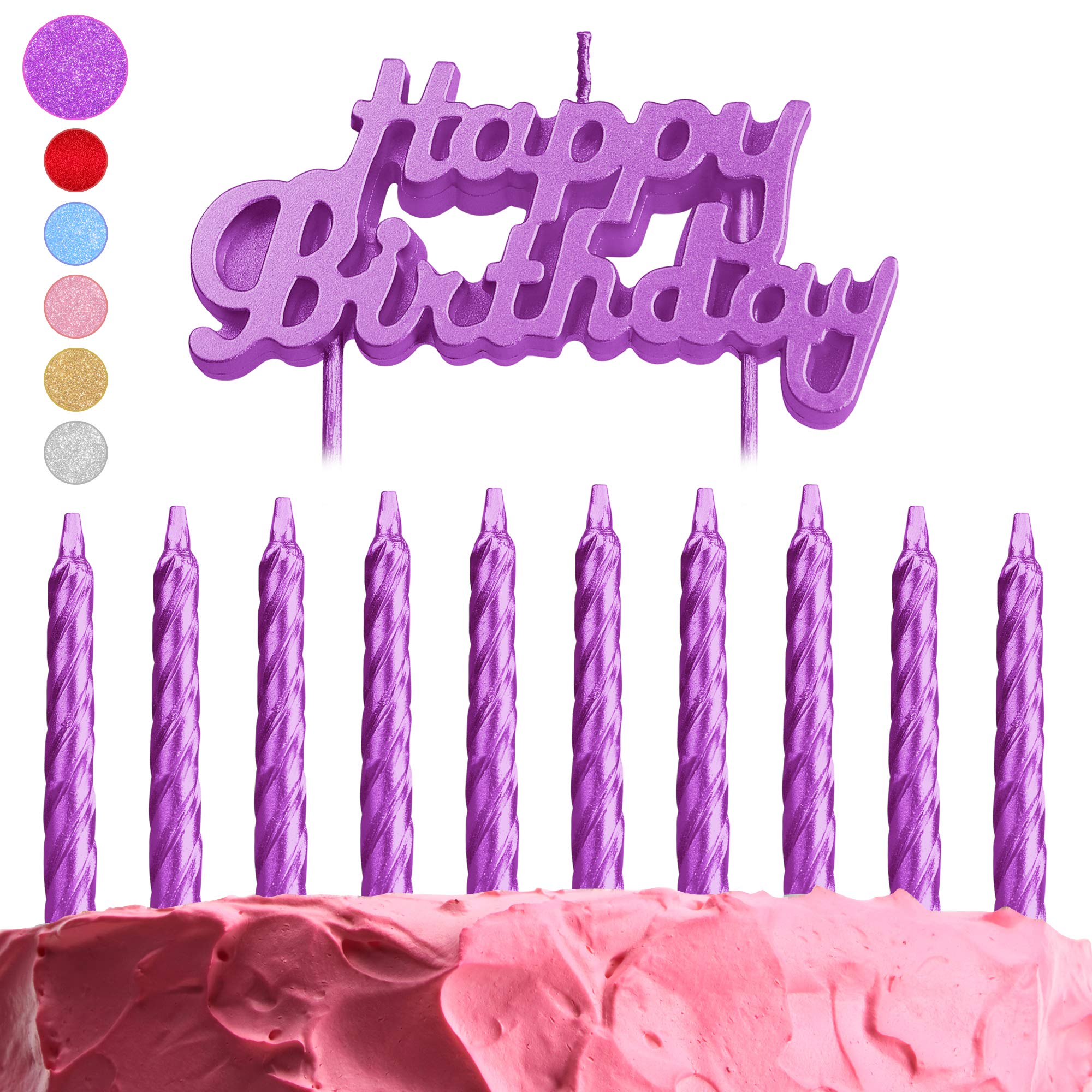 GET FRESH Purple Birthday Cake Candles Set – 10-Pack Spiral Metallic Candles and Happy Birthday Letter Candles Cake Topper – Glitter B-Day Candles and Cake Decoration Candles – Purple Birthday Candles