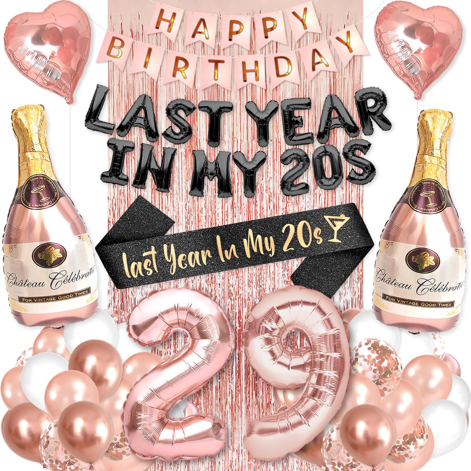 29th Birthday Party Decorations for Women Rose Gold Supplies Set with Last Year In My 20s Balloon Banner and Sash including 29 BDay Digit Balloons for Her