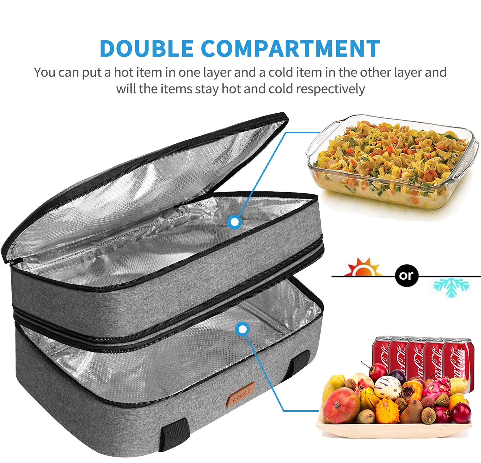 LHZK Insulated Casserole Carrier - Expandable Holder Tote for Hot or Cold Food, Fits 11 x 15 or 9 x 13 Baking Dishes - For Potlucks, Picnics, Beach (Grey)