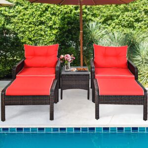 HAPPYGRILL 5PCS Patio Furniture Set Outdoor Rattan Wicker Conversation Set with Coffee Table Cushioned Sofas and Ottoman Chat Set for Garden Backyard