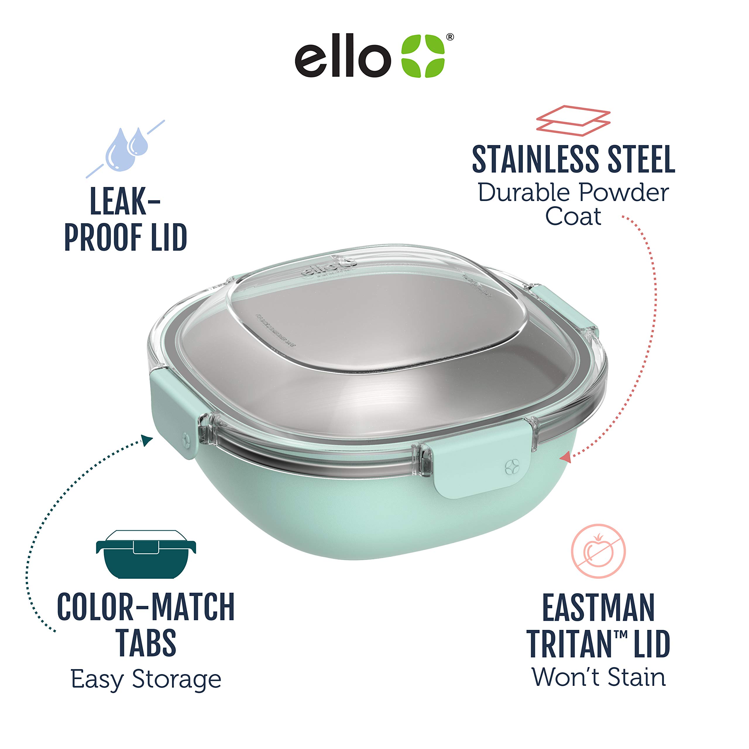 Ello Stainless Steel Lunch Bowl Food Storage Container with Leak-Proof Lid, 6.5 Cup, Peach