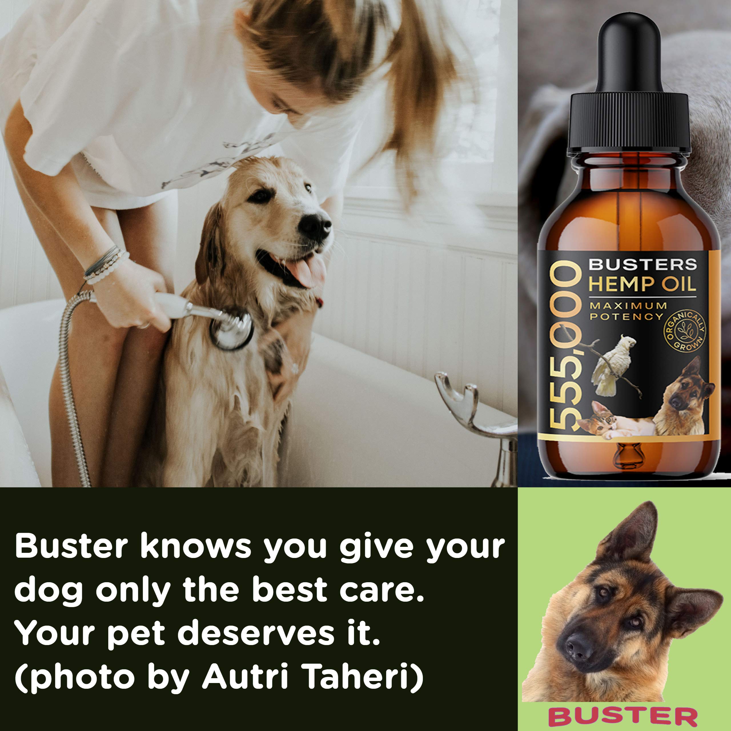 K2xLabs Buster's Large 60ml Bottle, 2mth Supply, Organic Hemp Oil for Dogs and Pets, 555,000 Max Potency, Made in USA - Miracle Formula, Perfectly Balanced Omega 3, 6, 9 - Joint Relief, Calming