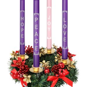 Advent Candles with Words Love, Peace, Hope, Joy On The Candles - Christmas Advent Candle Set of 4 for Advent Rings and Advent Wreaths- Premium Hand Made - Self Fitting End - for Church Advent Wreath