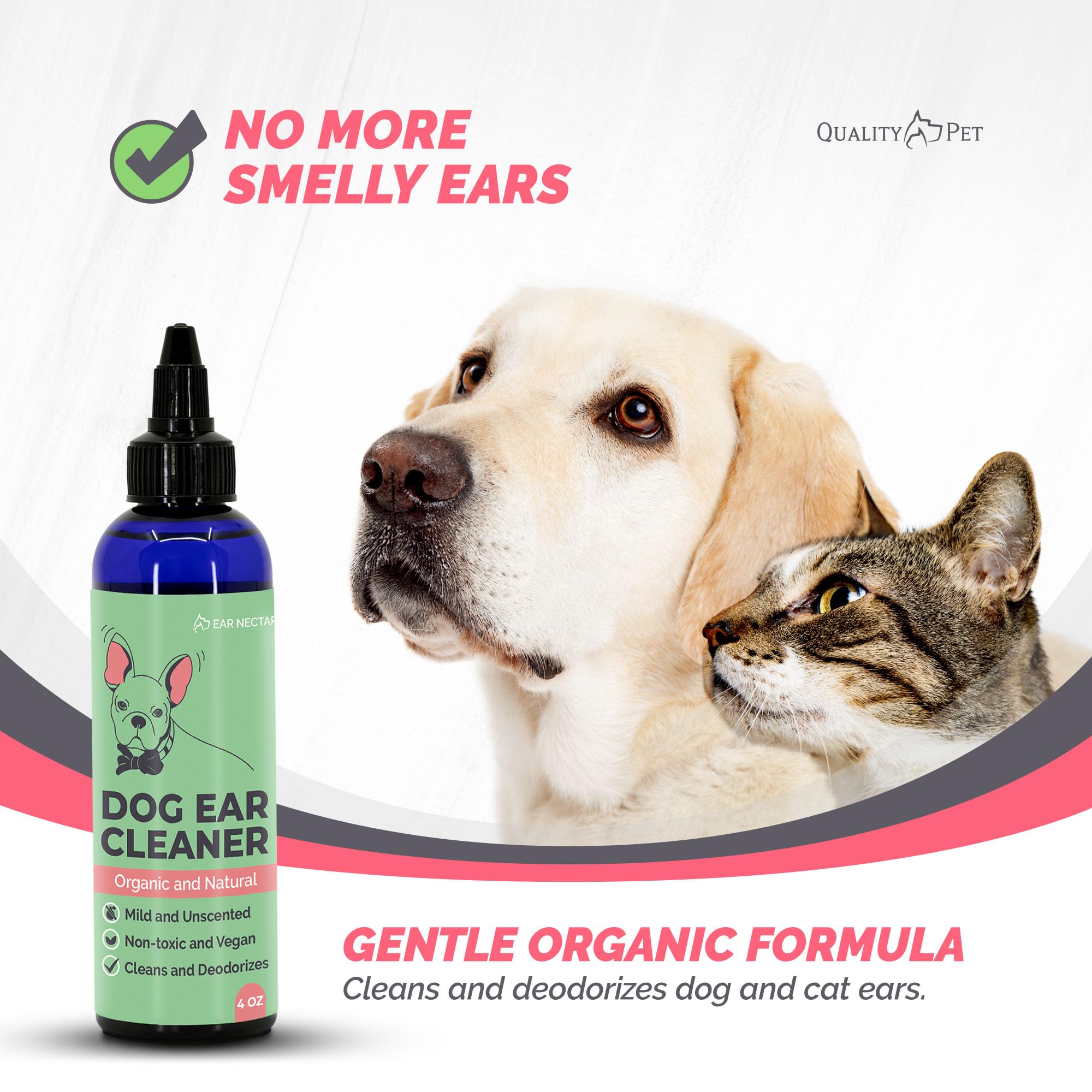 QualityPet Dog Ear Cleaner Solution - Organic & Natural Ear Cleaning Drops with Aloe, Vitamin E, Coconut Oil & Witch Hazel for Dogs - Dog Ear Wash, Rinse & Cleanser to Relieve Itchy Ears