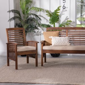 Walker Edison AZOWCHAT3PCDB 3-Piece Acacia Solid Wood Outdoor Patio Conversation Set, Dark Brown