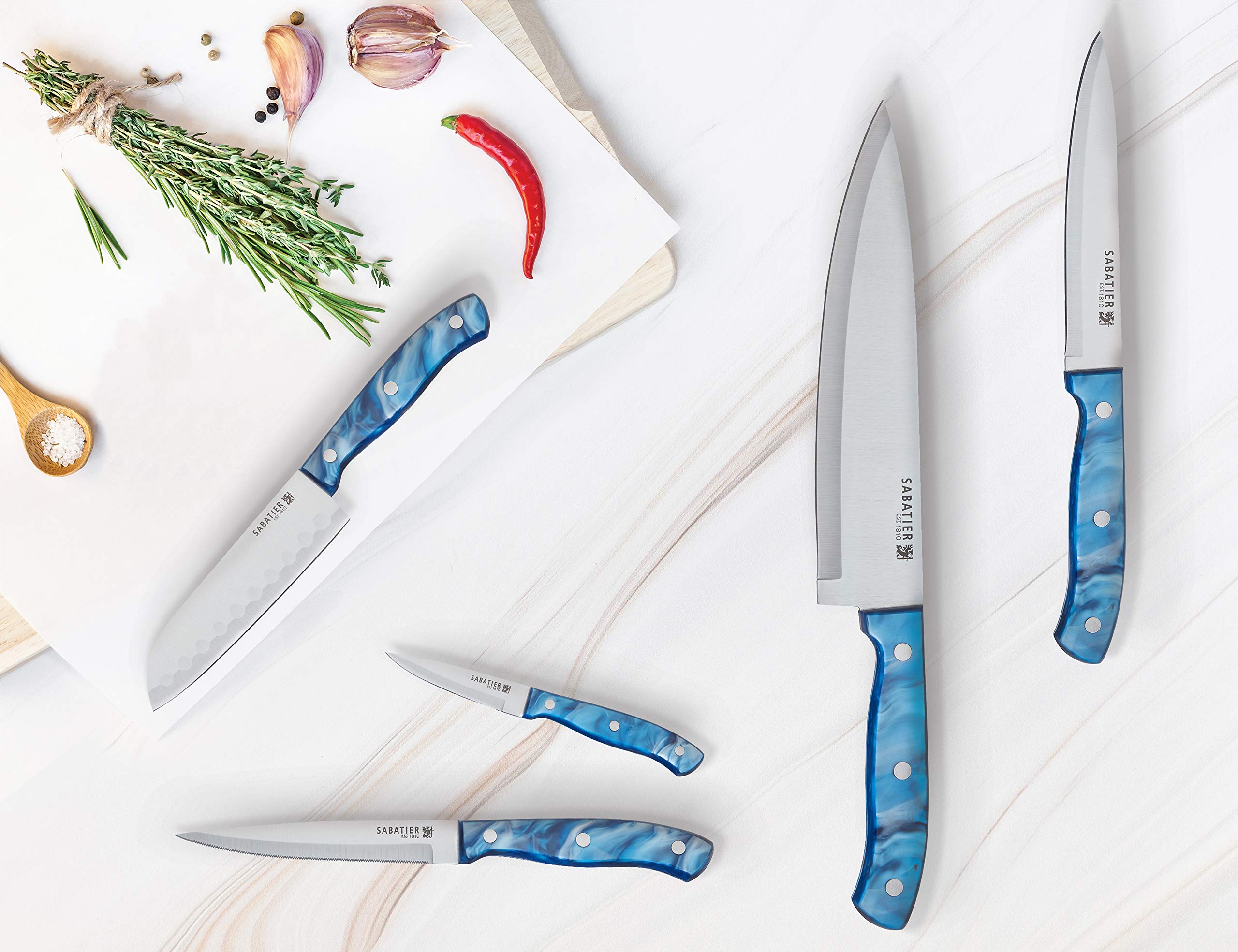 Sabatier 6- Piece Triple Rivet Stainless Steel Kitchen Knife Set, Razor-Sharp Kitchen Knife to Cut Fruit, Vegetables and more, High-Carbon Stainless Steel, Blue Acrylic Handles