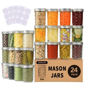 skoche mason jars 8 oz 24 pack canning jars with airtight lids and bands, ideal for fermenting, pickling, diy decors, fruit preserves, jam or jelly, 24 labels included