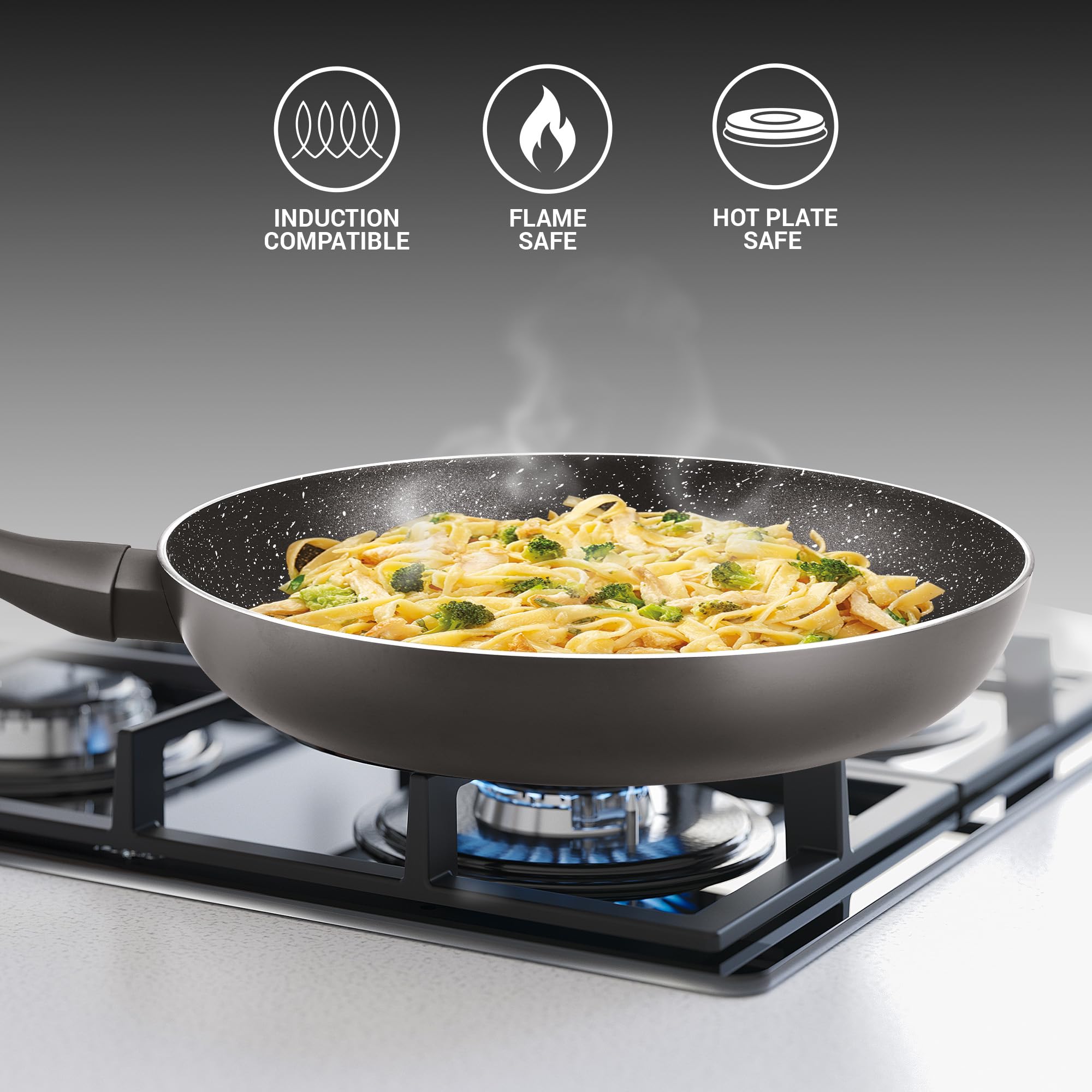 Milton Nonstick frying pan 9.4 inch. Large pan for egg omelette, pancake. Flat bottom Stir fry skillet for electric induction cookware. Dishwasher & Oven safe (Aluminium) Black