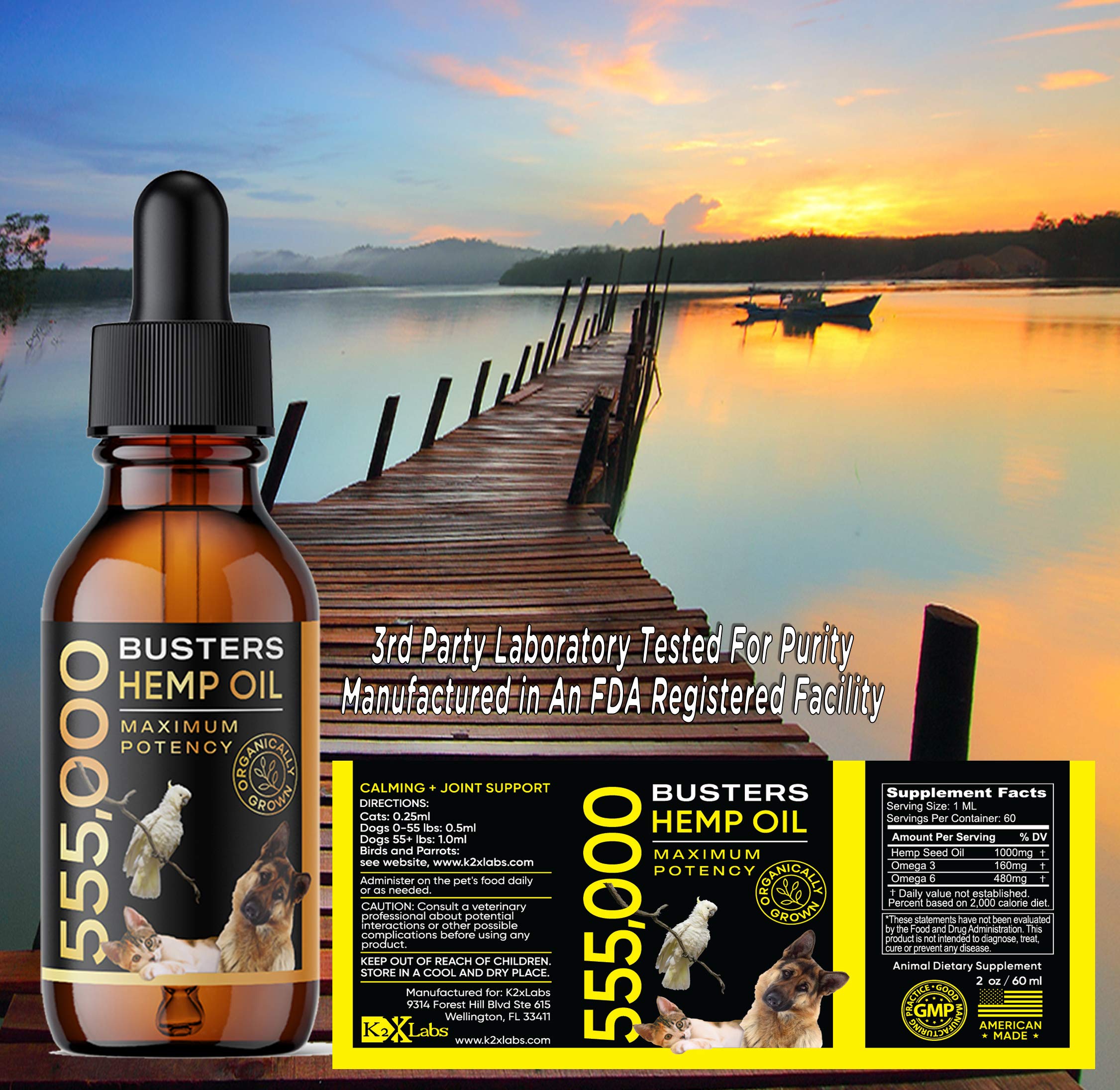 K2xLabs Buster's Large 60ml Bottle, 2mth Supply, Organic Hemp Oil for Dogs and Pets, 555,000 Max Potency, Made in USA - Miracle Formula, Perfectly Balanced Omega 3, 6, 9 - Joint Relief, Calming