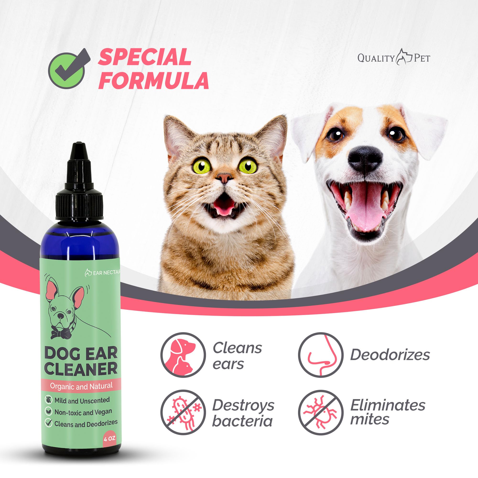 QualityPet Dog Ear Cleaner Solution - Organic & Natural Ear Cleaning Drops with Aloe, Vitamin E, Coconut Oil & Witch Hazel for Dogs - Dog Ear Wash, Rinse & Cleanser to Relieve Itchy Ears