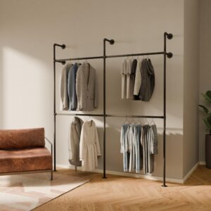 pamo industrial pipe clothing rack metal black - wall mounted clothes racks for hanging clothes - modern walk in closet - kim ii double black