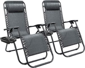 deconi set of 2 adjustable steel mesh zero gravity lounge chair recliners w/pillows and cup holder trays,gray