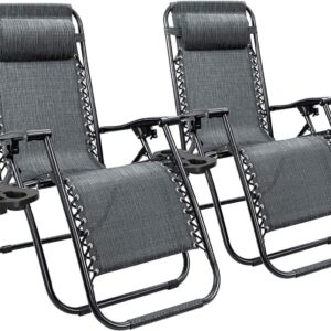 Deconi Set of 2 Adjustable Steel Mesh Zero Gravity Lounge Chair Recliners w/Pillows and Cup Holder Trays,Gray