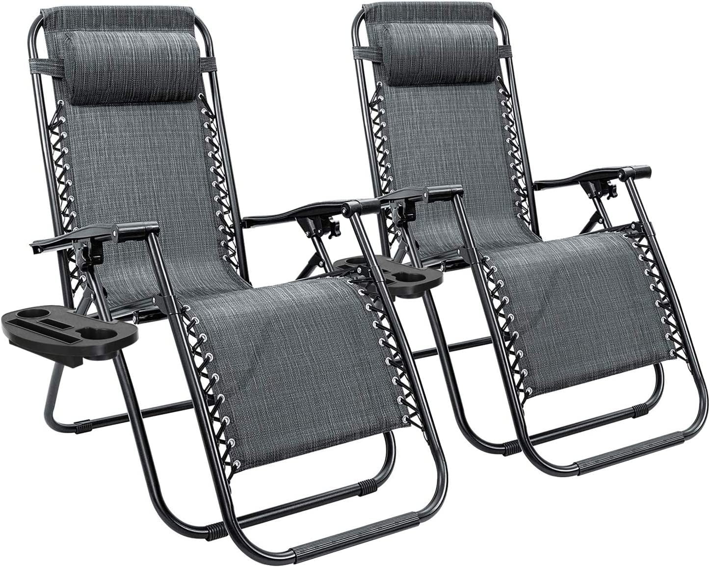 Deconi Set of 2 Adjustable Steel Mesh Zero Gravity Lounge Chair Recliners w/Pillows and Cup Holder Trays,Gray