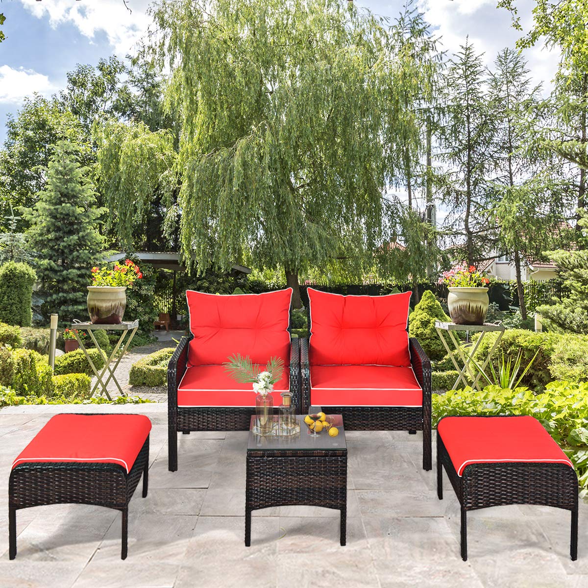 HAPPYGRILL 5PCS Patio Furniture Set Outdoor Rattan Wicker Conversation Set with Coffee Table Cushioned Sofas and Ottoman Chat Set for Garden Backyard