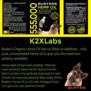 K2xLabs Buster's Large 60ml Bottle, 2mth Supply, Organic Hemp Oil for Dogs and Pets, 555,000 Max Potency, Made in USA - Miracle Formula, Perfectly Balanced Omega 3, 6, 9 - Joint Relief, Calming