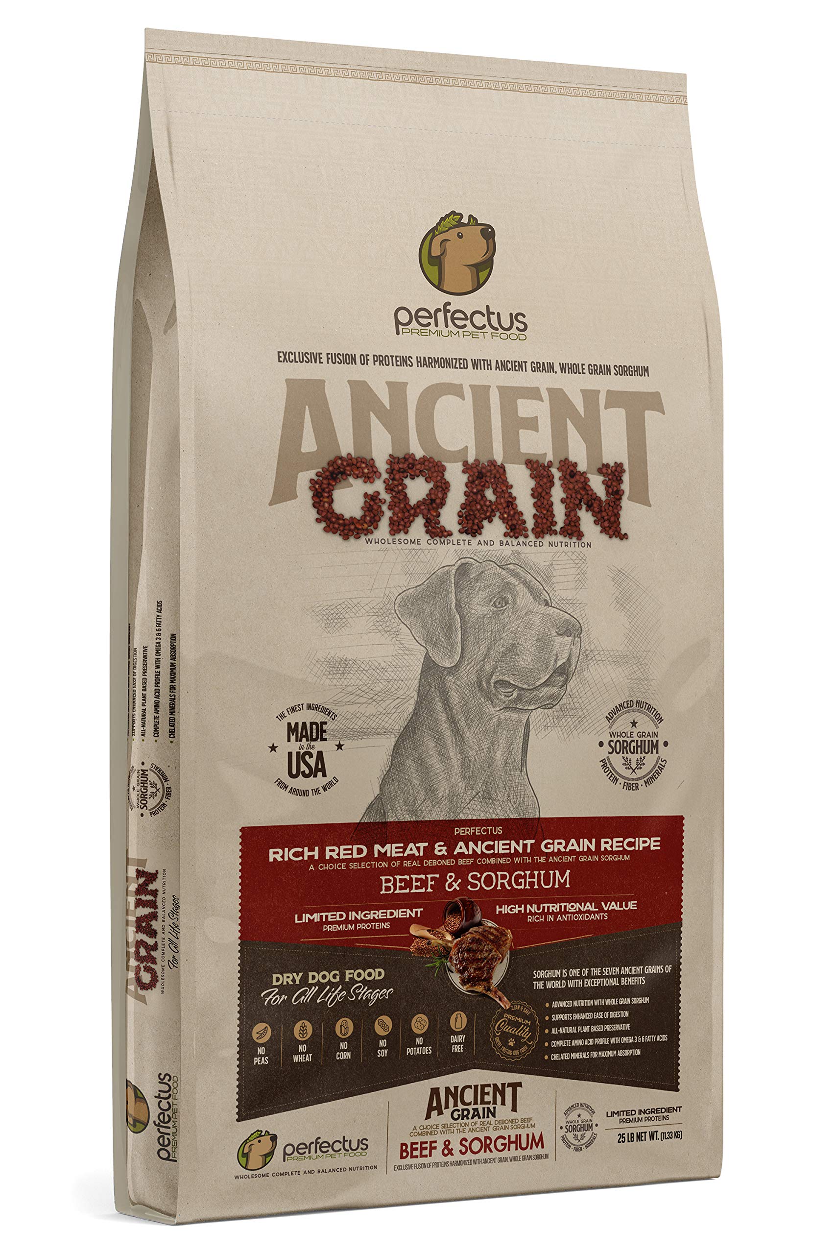 Perfectus Rich Red Meat and Ancient Grain Recipe - Natural, Non GMO, High Protein Premium Dry Dog Food 25 lbs Bag