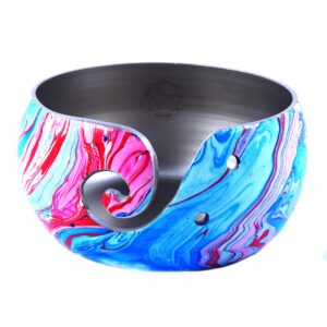 hind handicrafts premium solid handmade crafted metallic finish - aluminum portable yarn storage bowl - holder for knitting crochet hook accessories (6" x 6" x 3", waves)