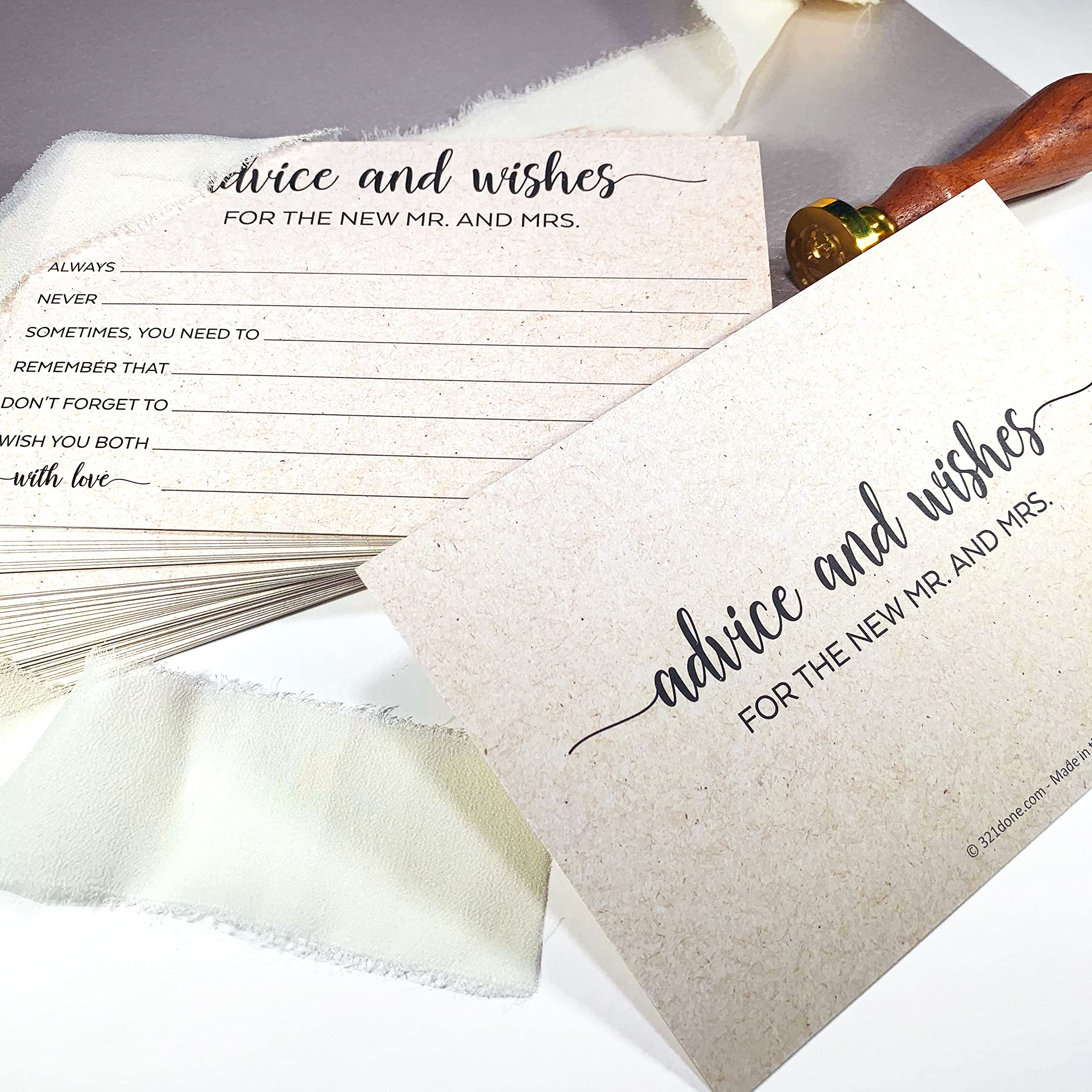 321Done 4x6 Advice and Wishes for the Mr. & Mrs. Cards, Made in USA - Kraft Tan, Rustic, Boho, Minimalist Wedding & Bridal Shower Fill-in Prompts Cardstocks - Set of 50