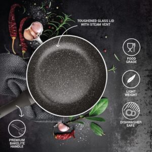 Milton Nonstick frying pan 9.4 inch. Large pan for egg omelette, pancake. Flat bottom Stir fry skillet for electric induction cookware. Dishwasher & Oven safe (Aluminium) Black