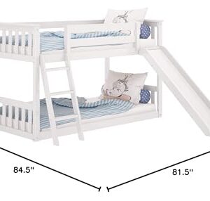 Max & Lily Solid Wood Twin Low Bunk Bed with Slide, White & Cotton Underbed Curtains, Blue & White