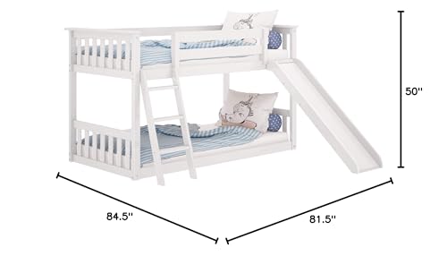 Max & Lily Solid Wood Twin Low Bunk Bed with Slide, White & Cotton Underbed Curtains, Blue & White