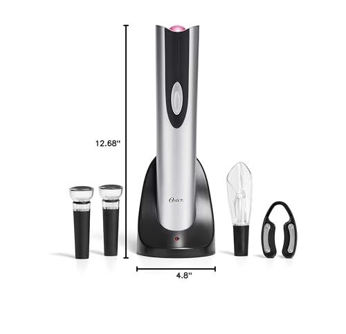 Oster Electric Wine Opener, Foil Cutter, Wine Pourer and Vacuum Wine Stoppers with CorkScrew and Charging Base, Black