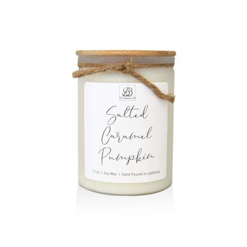 BB Candles Winter & Fall Collection - Natural Soy Hand Poured Fragrant Candles, Frosted Jars with Bamboo Lid, Home Decor & Relaxation, 90+ Hours Burn Time, 12oz (Fall Label - Salted Caramel Pumpkin)