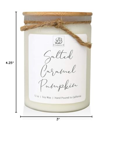 BB Candles Winter & Fall Collection - Natural Soy Hand Poured Fragrant Candles, Frosted Jars with Bamboo Lid, Home Decor & Relaxation, 90+ Hours Burn Time, 12oz (Fall Label - Salted Caramel Pumpkin)