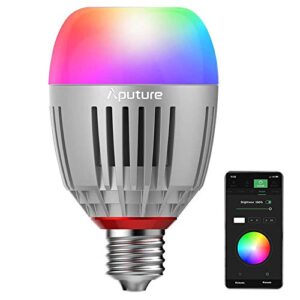 aputure accent b7c smart led light bulbs 7w rgbww,tlci 96+ cri 95+ 2,000k-10,000k adjustable 0-100% stepless dimming cct/hsi/fx mode app control built-in battery/ac power via e26/e27 socket