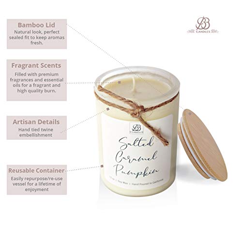 BB Candles Winter & Fall Collection - Natural Soy Hand Poured Fragrant Candles, Frosted Jars with Bamboo Lid, Home Decor & Relaxation, 90+ Hours Burn Time, 12oz (Fall Label - Salted Caramel Pumpkin)