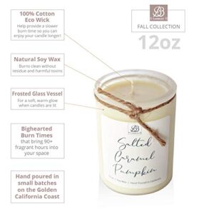 BB Candles Winter & Fall Collection - Natural Soy Hand Poured Fragrant Candles, Frosted Jars with Bamboo Lid, Home Decor & Relaxation, 90+ Hours Burn Time, 12oz (Fall Label - Salted Caramel Pumpkin)