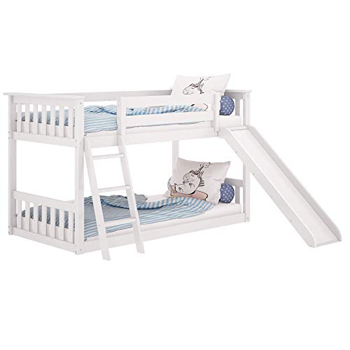 Max & Lily Solid Wood Twin Low Bunk Bed with Slide, White & Cotton Underbed Curtains, Blue & White