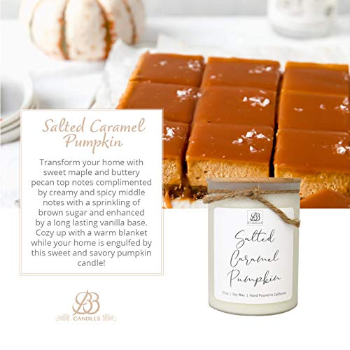 BB Candles Winter & Fall Collection - Natural Soy Hand Poured Fragrant Candles, Frosted Jars with Bamboo Lid, Home Decor & Relaxation, 90+ Hours Burn Time, 12oz (Fall Label - Salted Caramel Pumpkin)