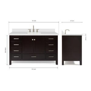 ARIEL 55" Espresso Bathroom Vanity with 1.5" Edge Pure White Quartz Countertop & Backsplash, Center Rectangular Sink, 2 Soft Closing Doors, 9 Full Extension Dovetail Drawers, Satin Brass