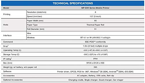 Seiko Printer MP-B30-B02JK1-E9 Compact Mobile Thermal Printer Bluetooth Interface