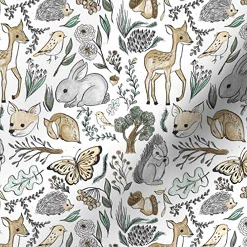 Spoonflower Fabric - Woodland Lullaby White Deer Hedgehog Butterfly Nursery Soft Printed on Petal Signature Cotton Fabric Fat Quarter - Sewing Quilting Apparel Crafts Decor