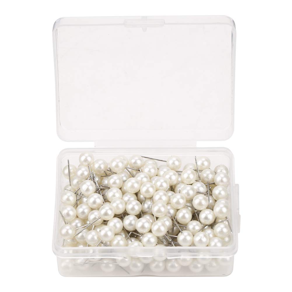 Oumefar 200PCS Pearl Push Pins, Decorative Thumb Tacks Round Short Pearl Head Pins Drawing Ball Map Pins Tack Push Sewing Box for Straight Pins for Crafting DIY Wedding (Pearl Pins for Flower White)