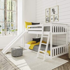 Max & Lily Solid Wood Twin Low Bunk Bed with Slide, White & Cotton Underbed Curtains, Blue & White