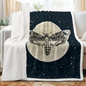 sleepwish death moth throw blanket hawk moth skull sherpa fleece blanket black galaxy star print blanket large size gothic halloween college dorm decor, queen (90" x 90")