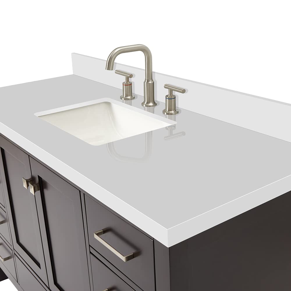 ARIEL 55" Espresso Bathroom Vanity with 1.5" Edge Pure White Quartz Countertop & Backsplash, Center Rectangular Sink, 2 Soft Closing Doors, 9 Full Extension Dovetail Drawers, Satin Brass