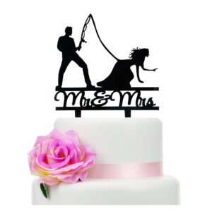 yzybuaego fishing wedding cake topper, black mr & mrs wedding cake topper, fishing theme wedding/engagement/bridal shower decoration（fishing couple)