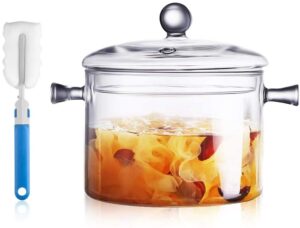 glass saucepan with cover- 1.5 liter/50oz handmade glass pot with handle, heat resistant cooking pot/pan cookware for soup, pasta,& baby food