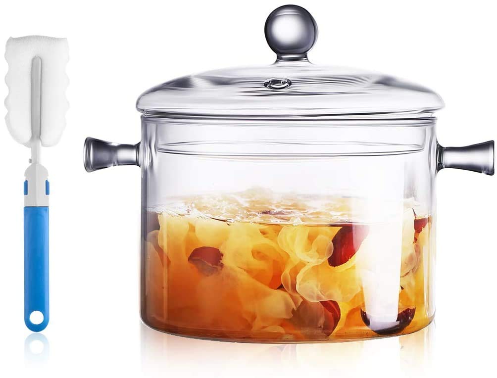 Glass Saucepan with Cover- 1.5 Liter/50oz Handmade Glass Pot with handle, Heat Resistant Cooking Pot/Pan Cookware for Soup, Pasta,& Baby Food